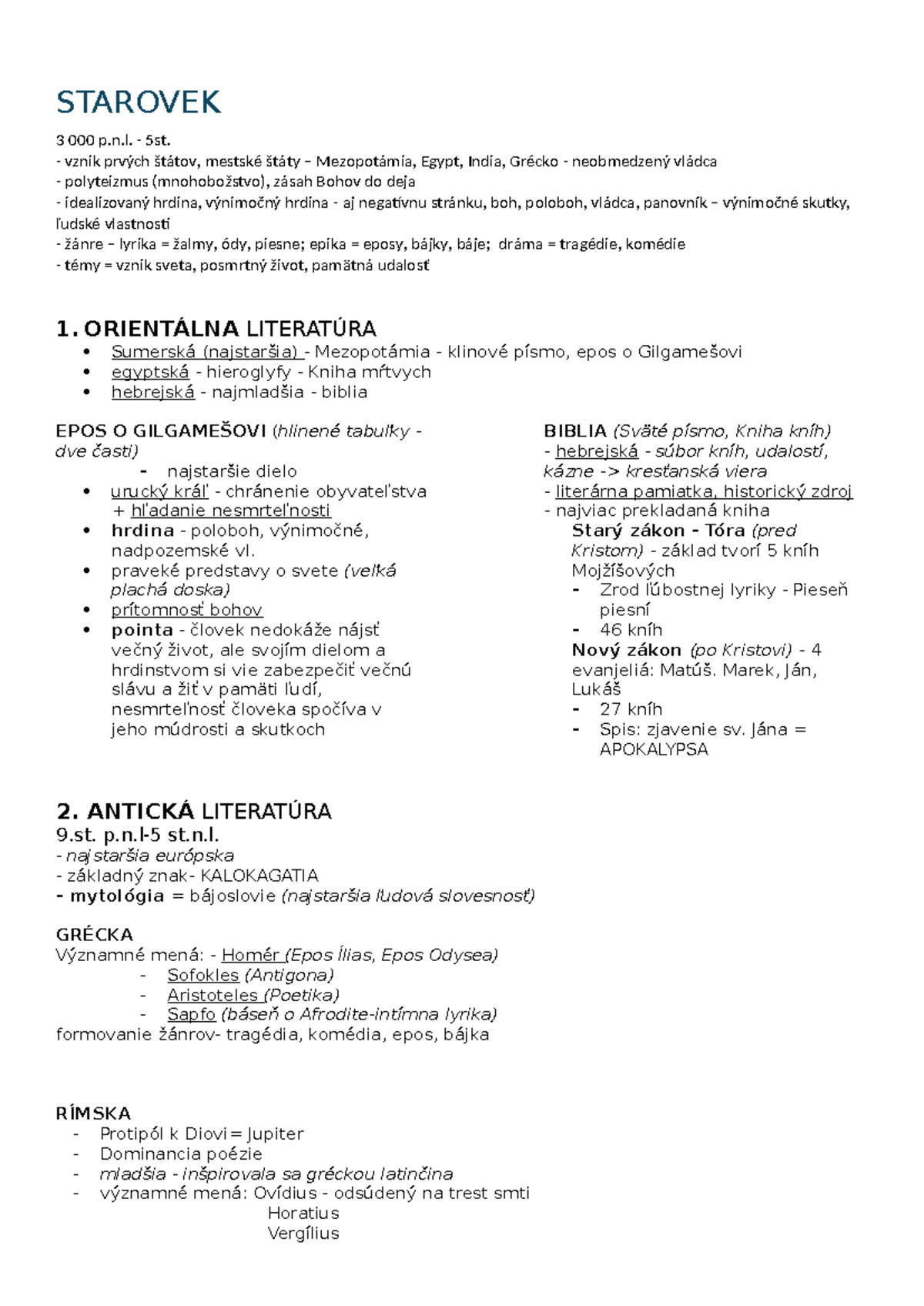 1. starovek - barok - STAROVEK 3 000 p.n. - 5st. - vznik prvých štátov ...