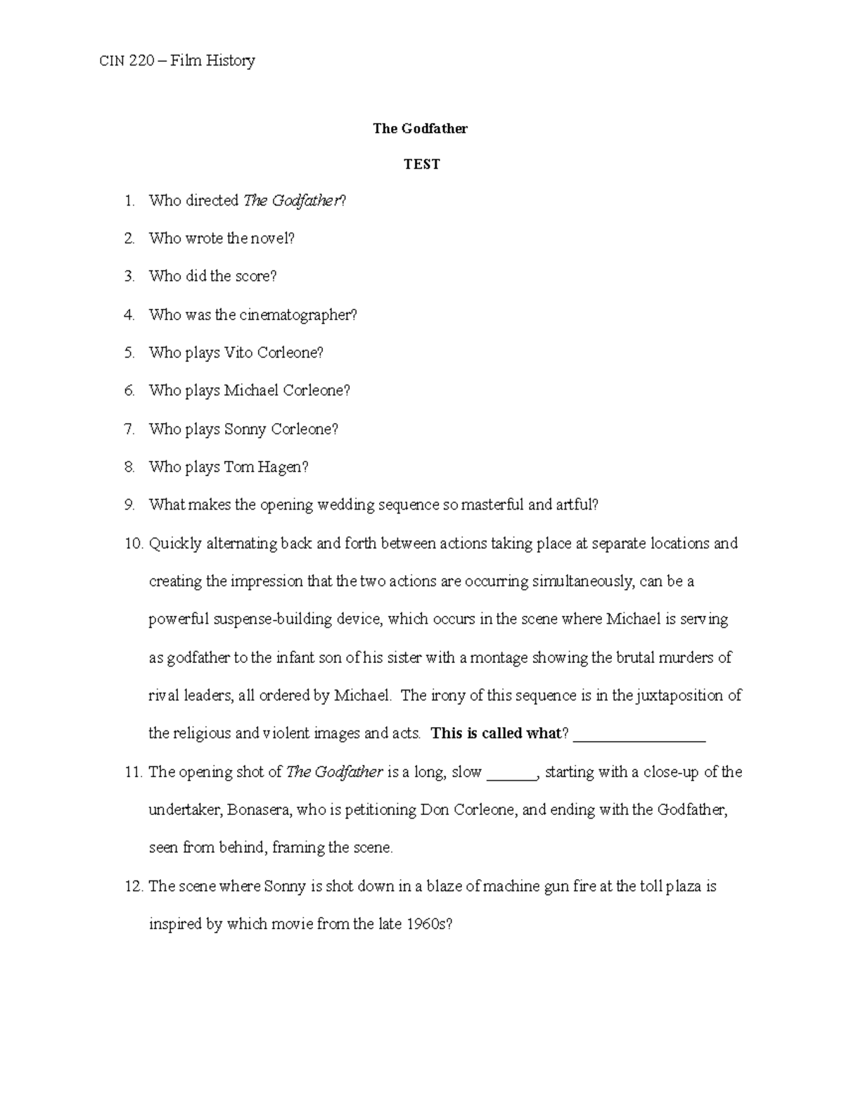CIN 220 - The Godfather Test Questions - CIN 220 – Film History The ...