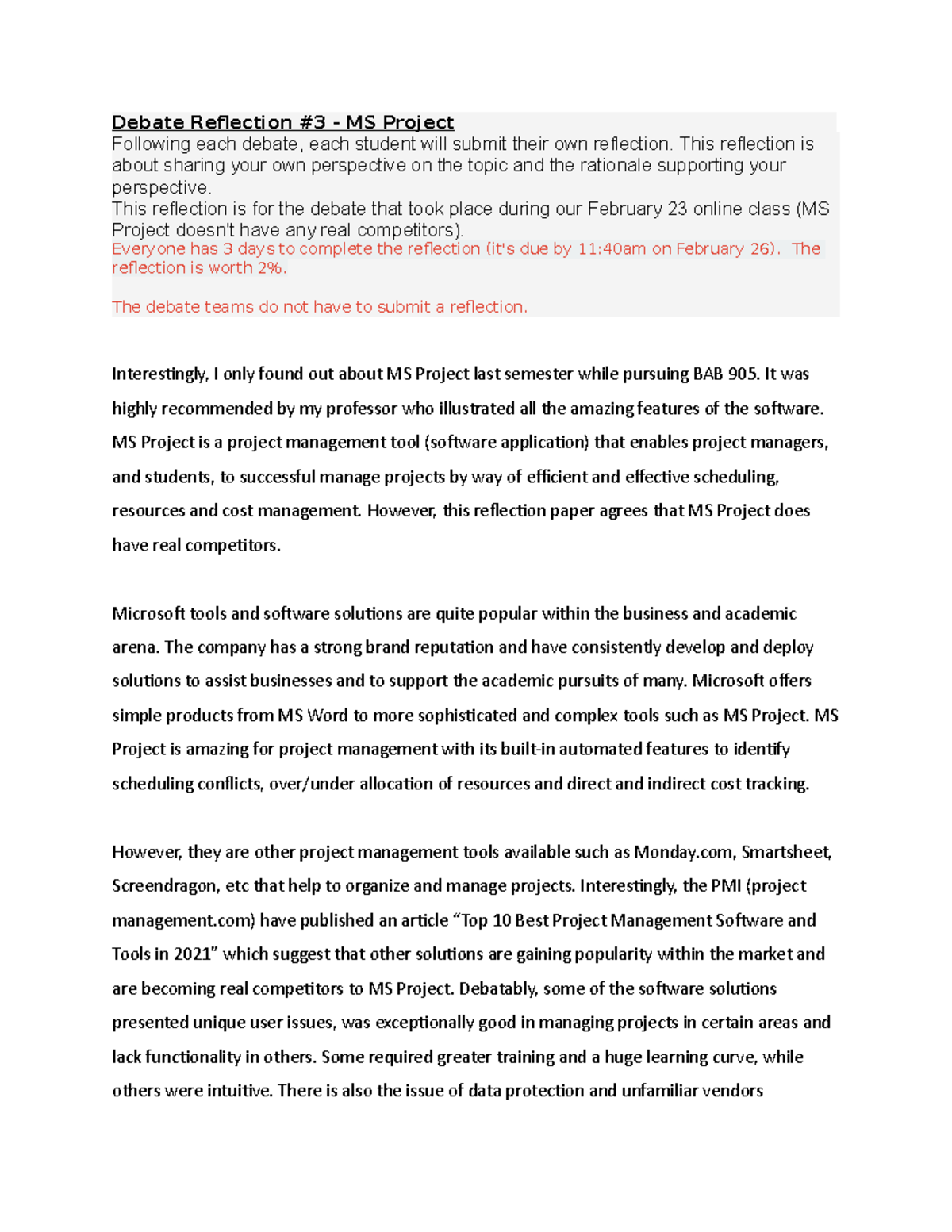 Debate Reflection: MS Project Competitors - Studocu