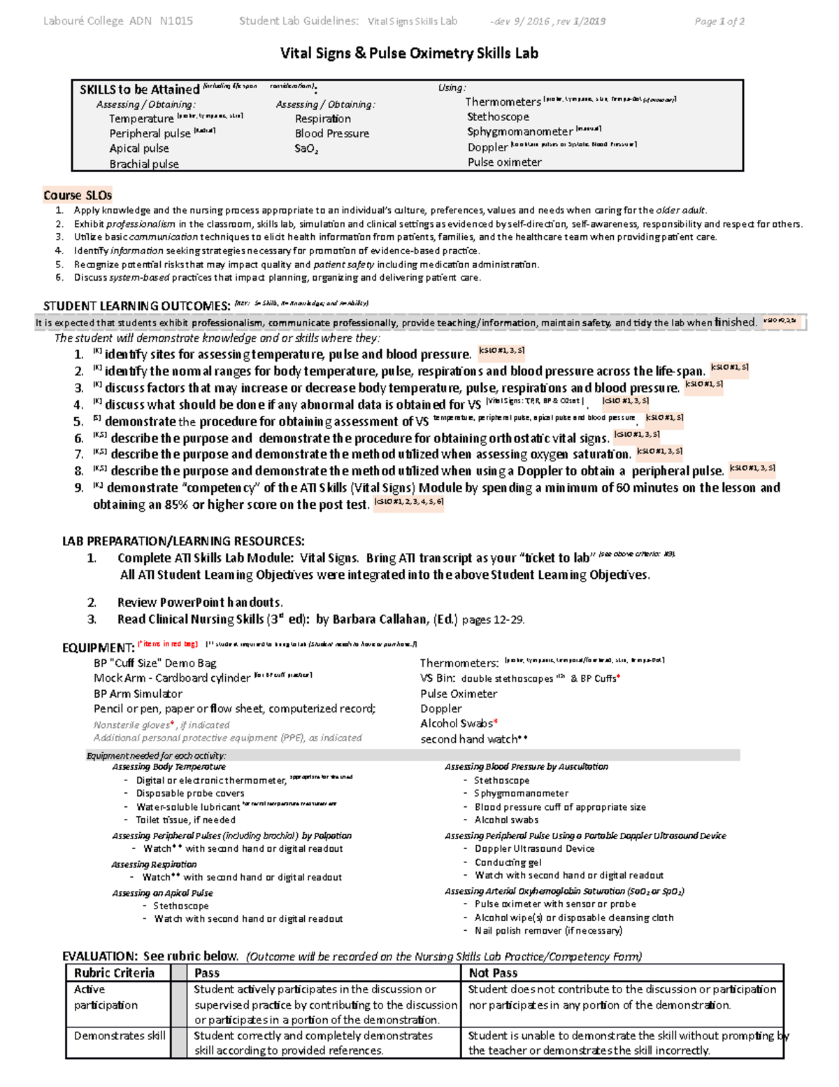 3-vital signs skills lab - 2019 - Labouré College ADN N1015 Student Lab ...
