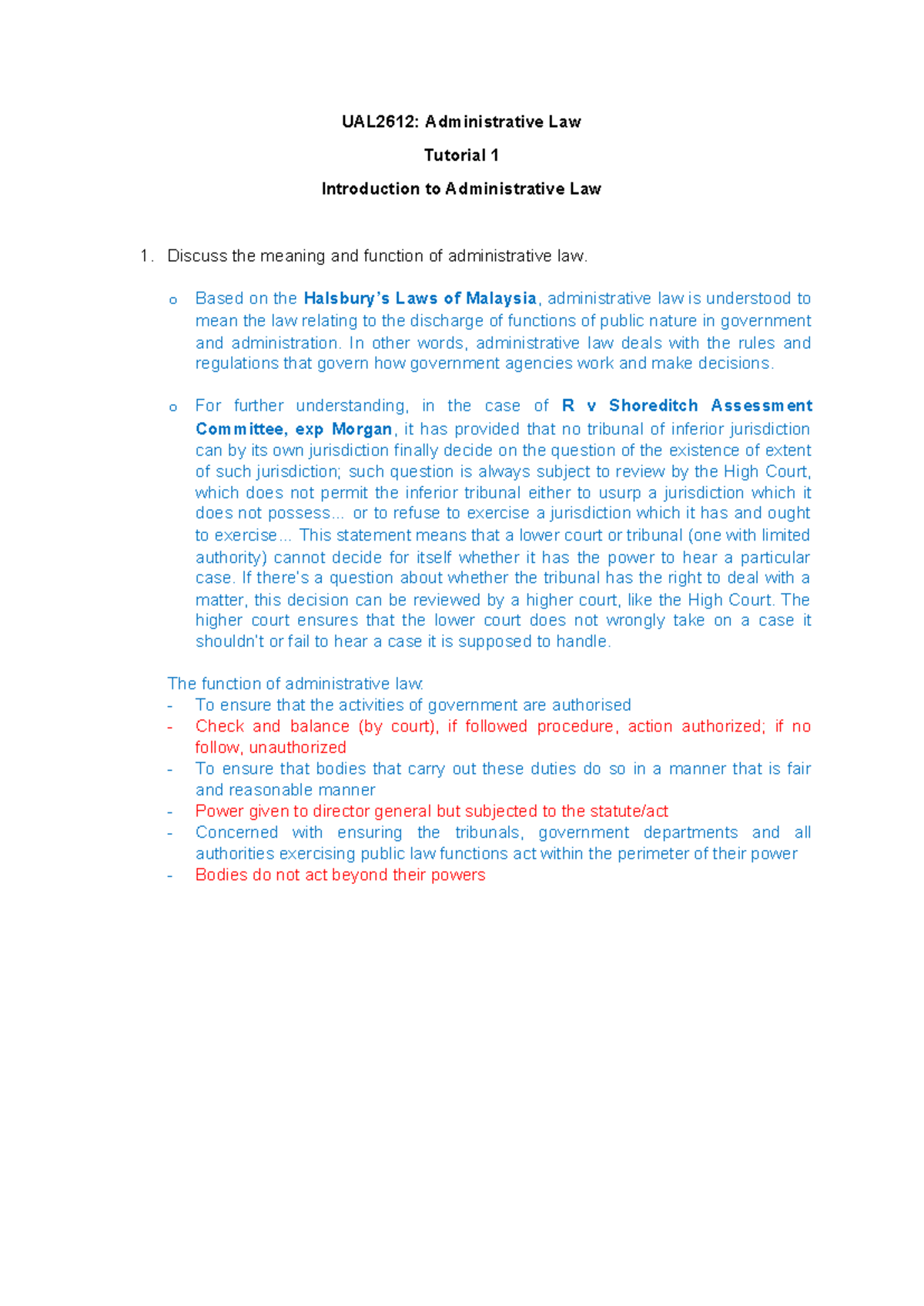 Tutorial 1 UAL2612 - UAL2612: Administrative Law Tutorial 1 Introduction to Administrative Law ...
