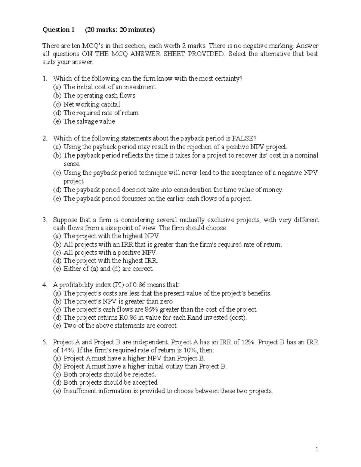 FINA202 Test 1 paper and solutions 2019 - Question 1 (20 marks: 20 ...