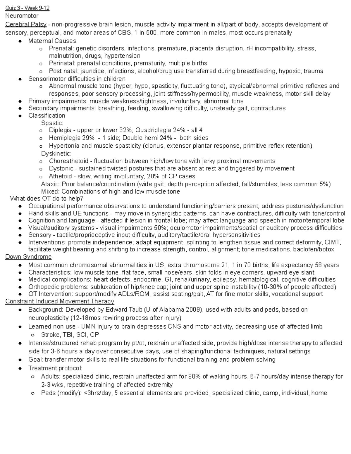 530 - Notecard 3 - Dr Robertson - Quiz 3 - Week 9- Neuromotor Cerebral ...