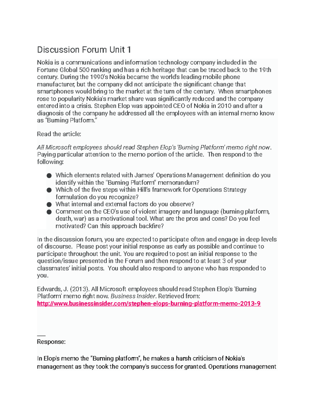 Discussion Forum Unit 1 - BUS5116-01 - Discussion Forum Unit 1 Nokia is ...