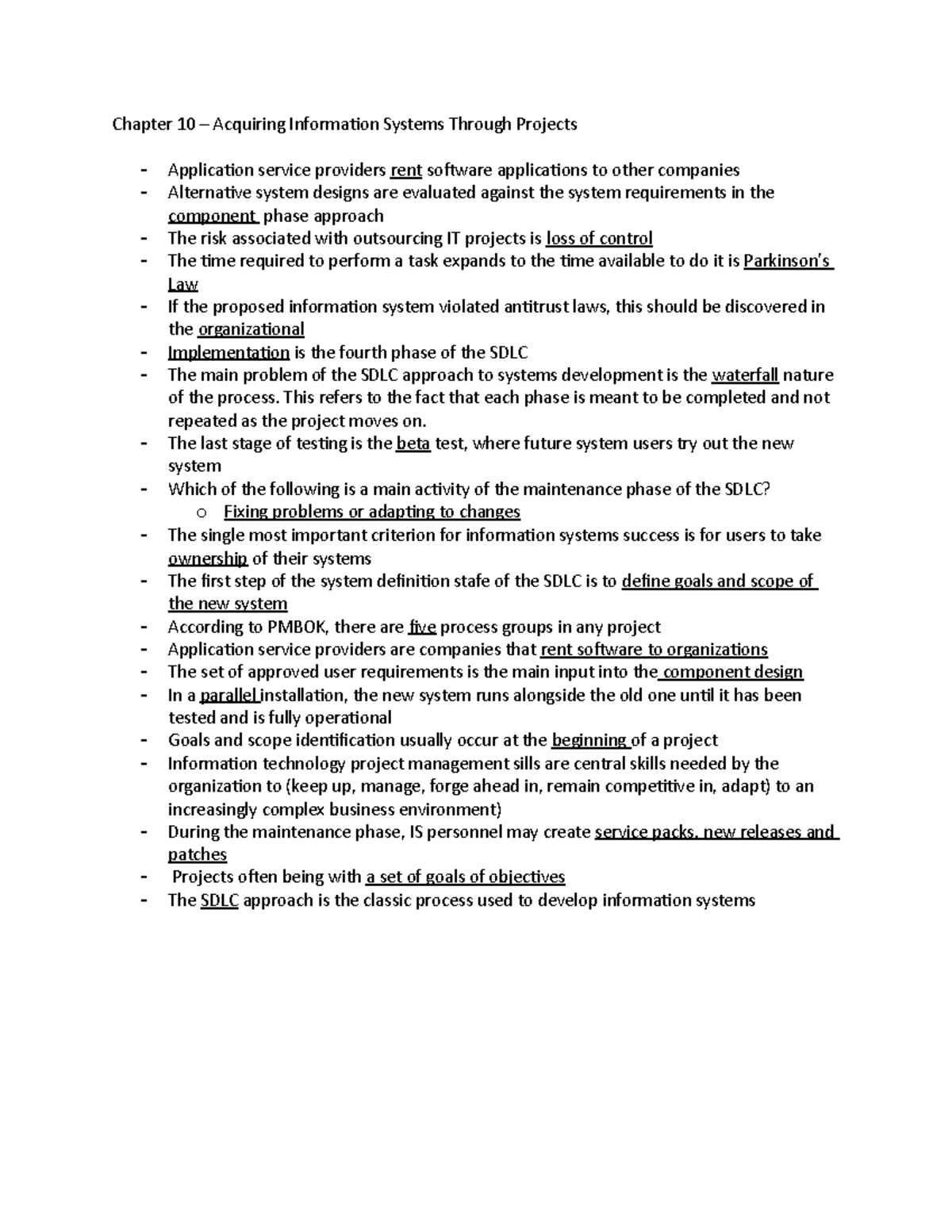 Chapter 10 – Acquiring Information Systems Through Projects Chapter 10 ...