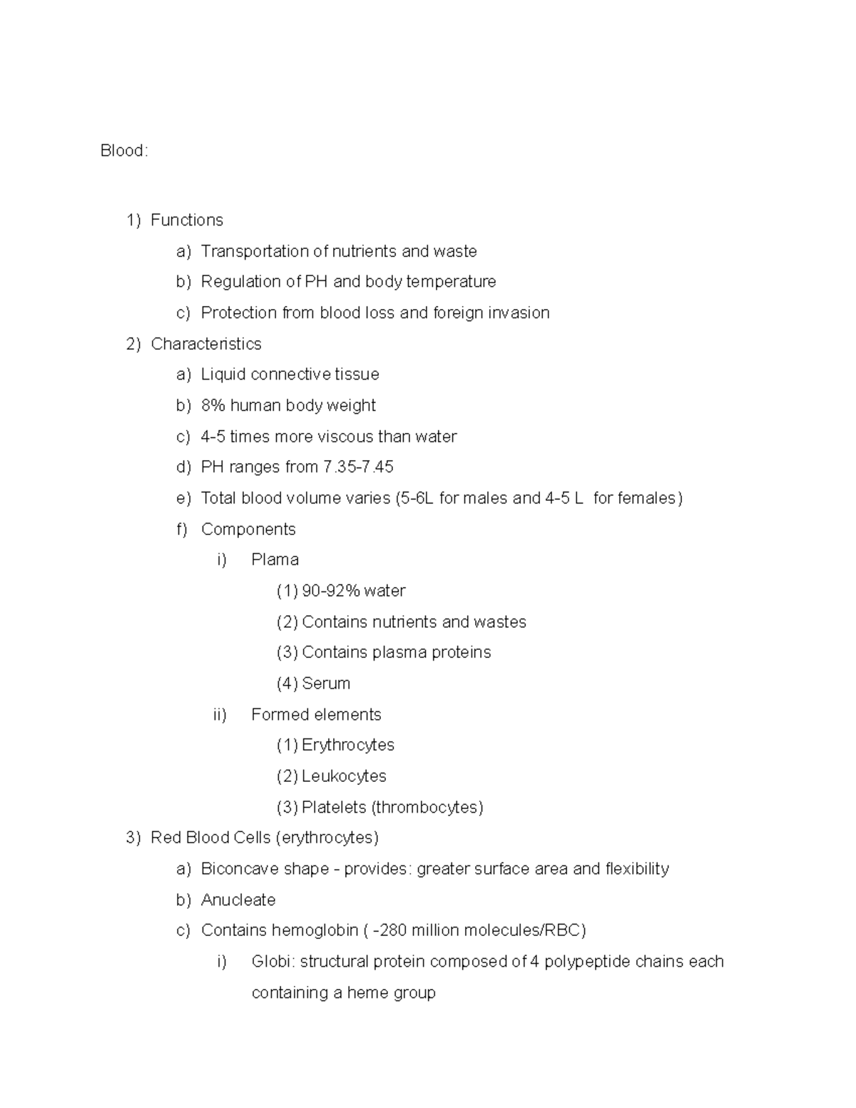 Blood Notes - Blood: Functions a) Transportation of nutrients and waste ...