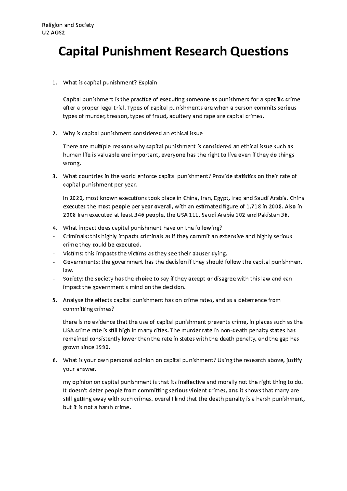 Capital Punishment Research Questions- Religion and Society Unit 2 ...