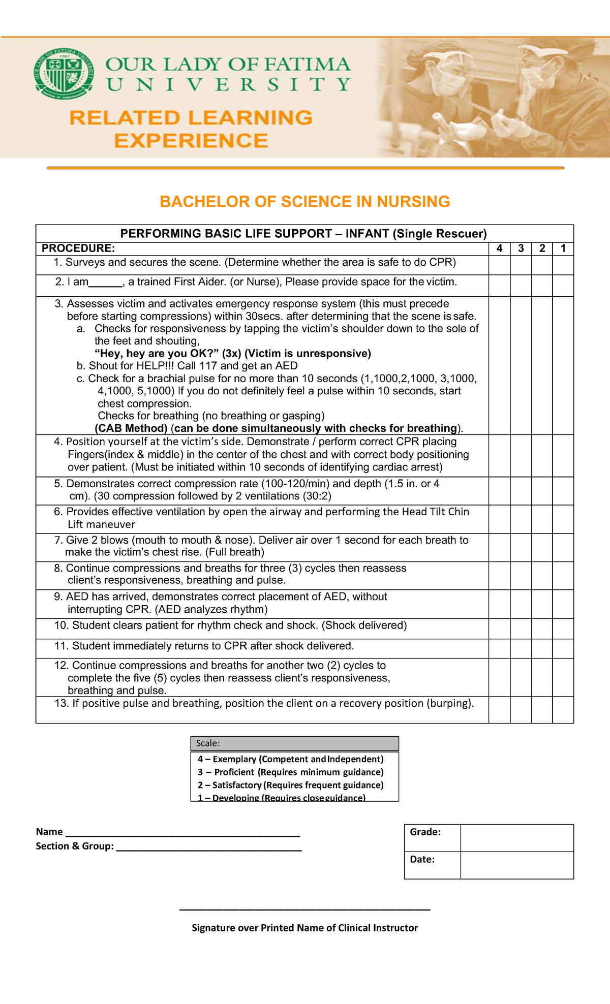 Performance Checklist CPR Infant - BACHELOR OF SCIENCE IN NURSING ...