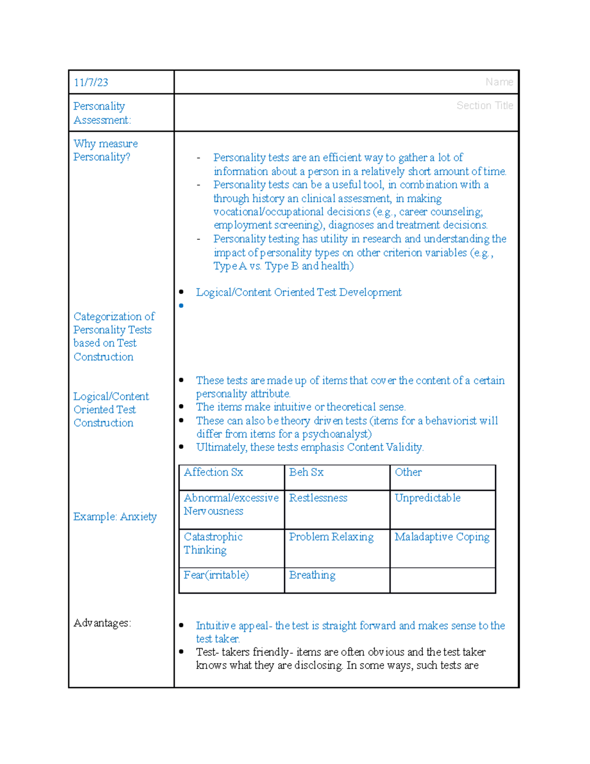 Psych ch 12 - lecture note - 11/7/23 Name Personality Assessment ...