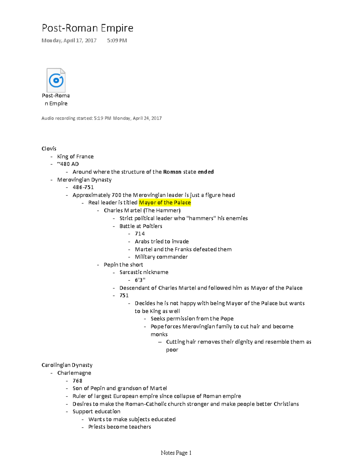 HIS101 - Lecture notes All - Post-Roman Empire Monday, April 17, 2017 5 ...