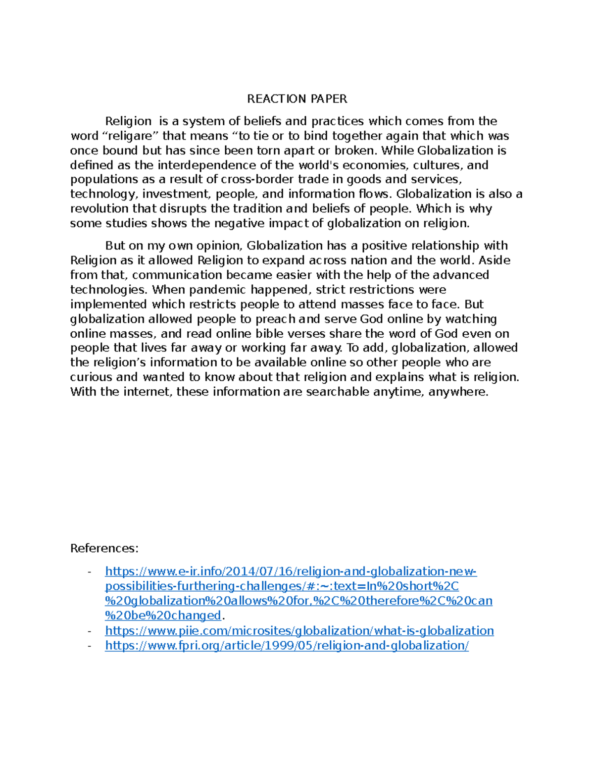 View on Religion and Globalization - REACTION PAPER Religion is a ...