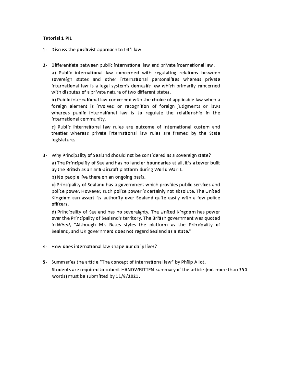 Tutorial 1 Public International Law - Tutorial 1 PIL 1- Discuss the ...