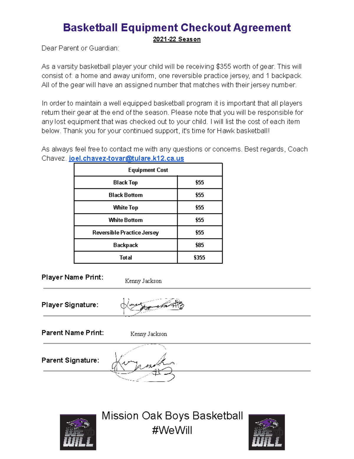 Equipment Checkout Varsity - Basketball Equipment Checkout Agreement ...