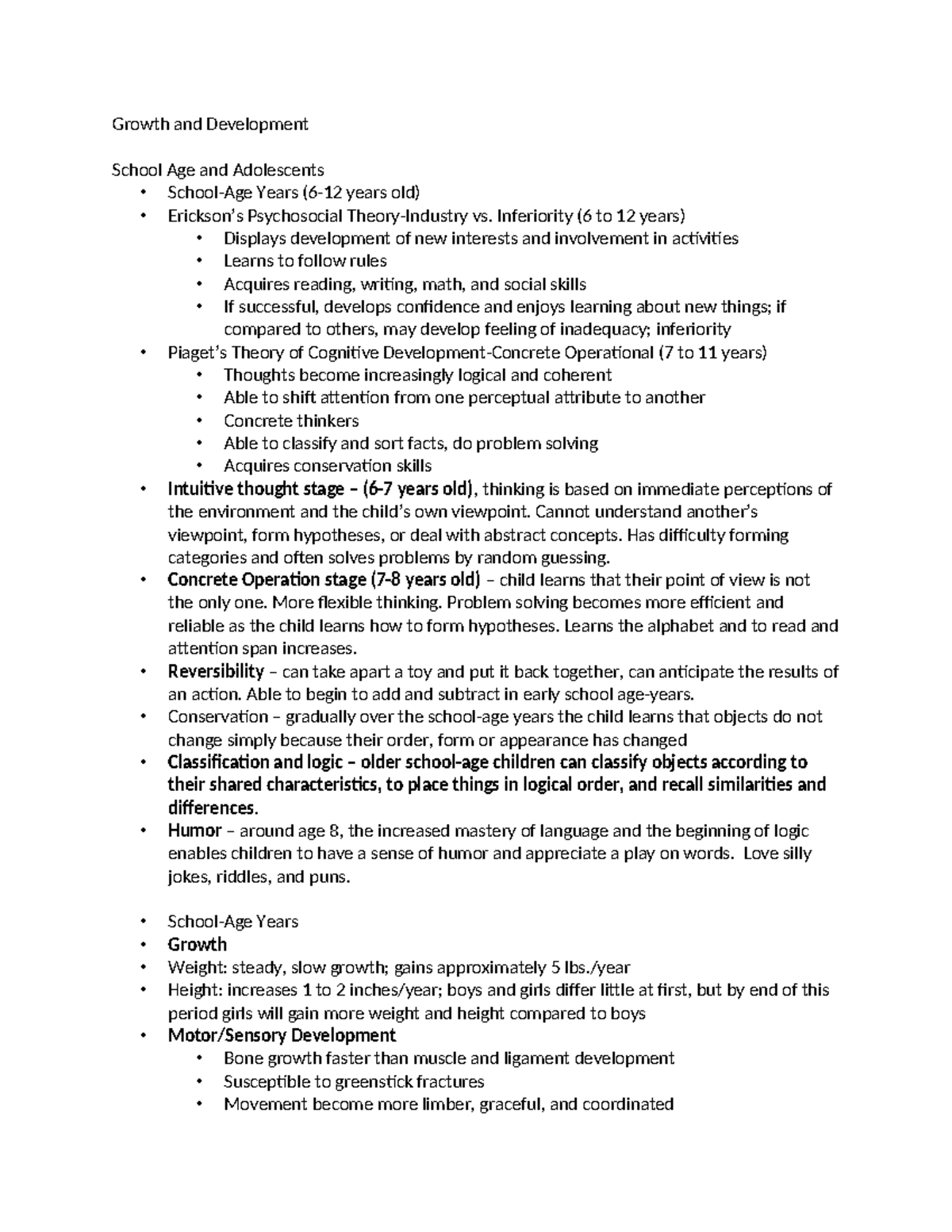 434 Topic 1 Notes - Growth and Development School Age and Adolescents ...