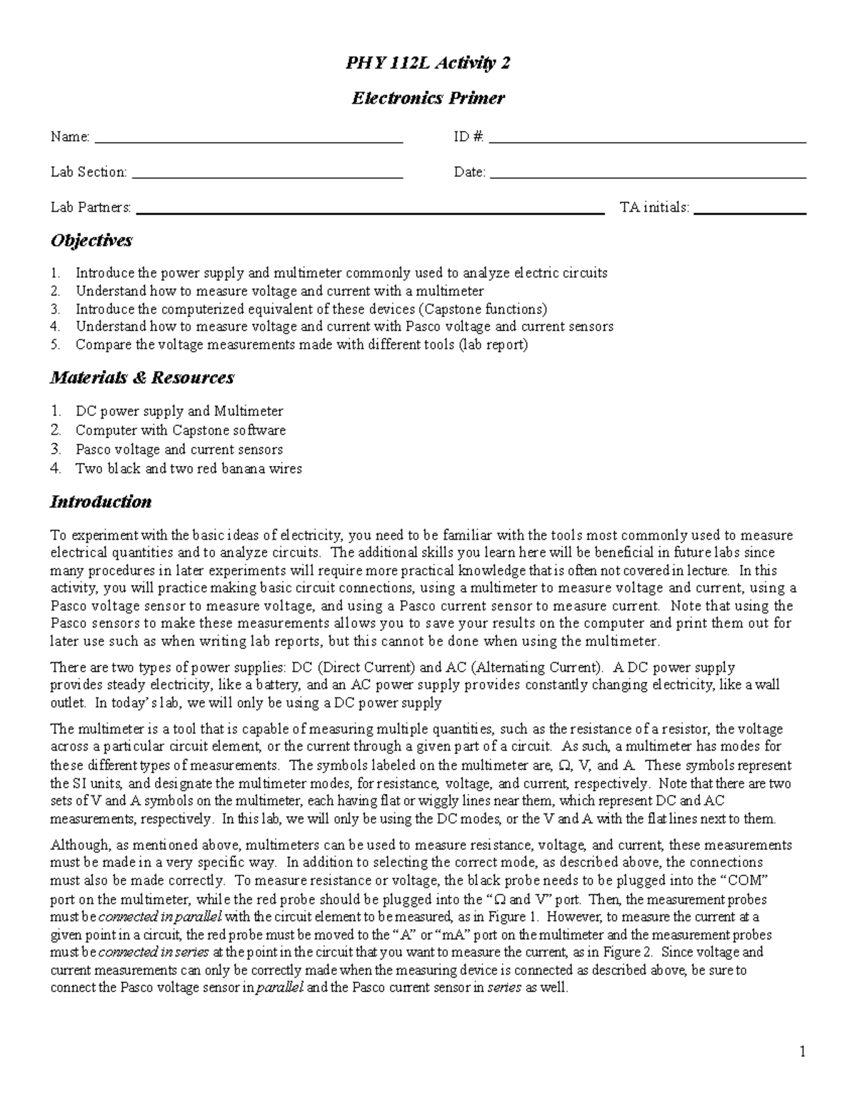 PHY 112 Lab 02 - Electronics Primer - PHY 112L Activity 2 Electronics ...