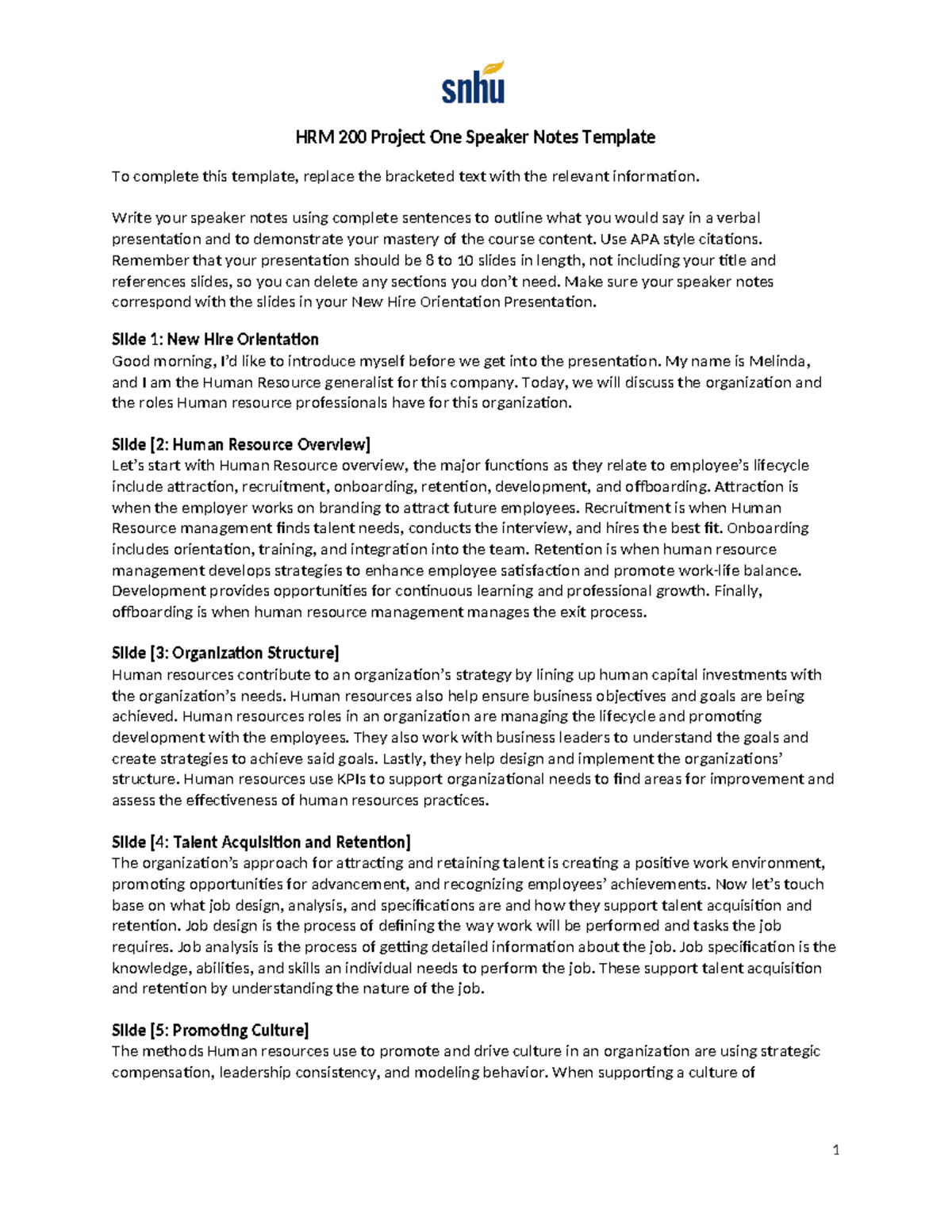 HRM 200 3 speaker notes - coursework - HRM 200 Project One Speaker ...