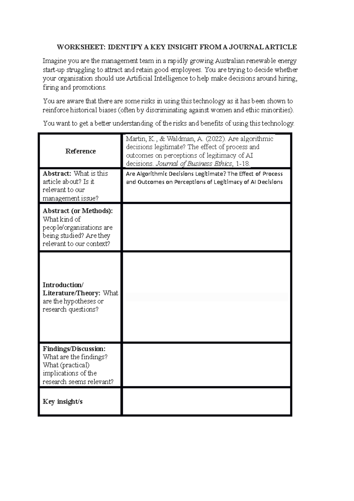Tutorial 6 Assignment Guidance Worksheet - WORKSHEET: IDENTIFY A KEY ...