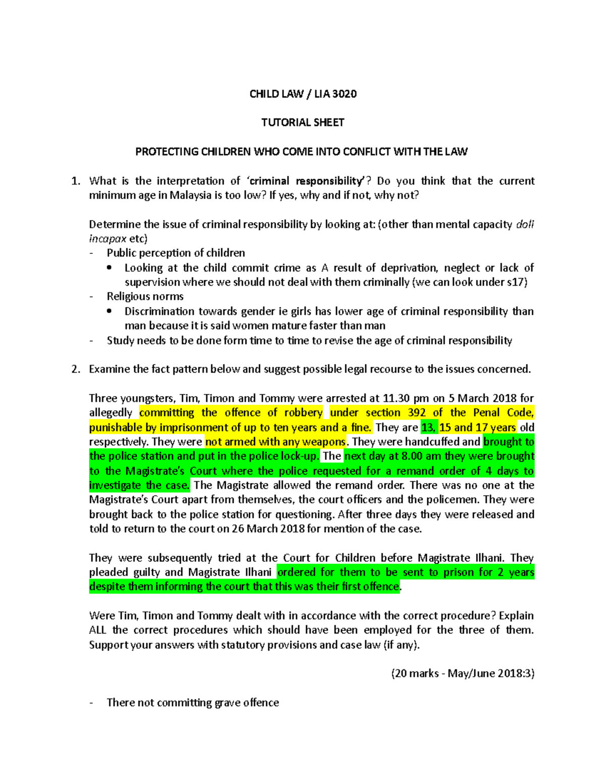 Tutorial 5 Child Justice System - CHILD LAW / LIA 3020 TUTORIAL SHEET ...