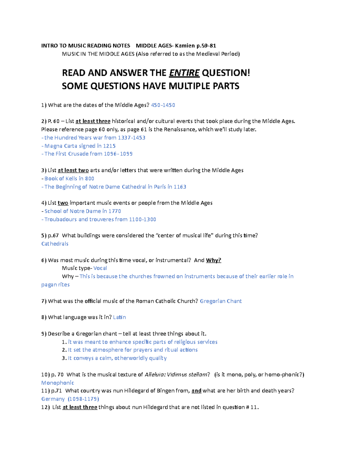 Middle Ages Outline- Macy Hiemes - INTRO TO MUSIC READING NOTES MIDDLE ...