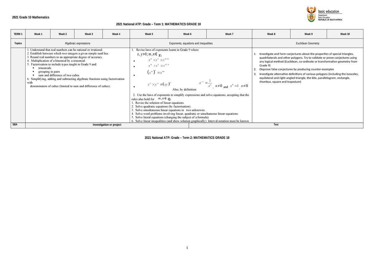 MATH GRD 10 ATP 2021 - Mathematics - 2021 Grade 10 Mathematics 2021 ...