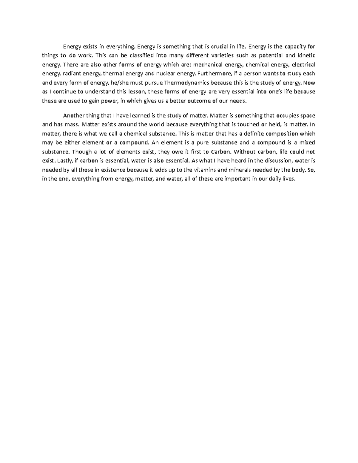 Assignment #1 - Summary of Lesson on Energy - Energy exists in ...