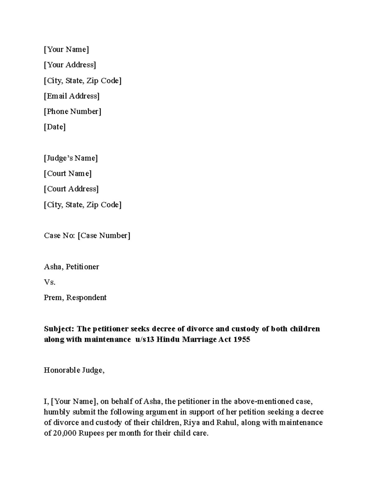 Asha Petitioner - [Your Name] [Your Address] [City, State, Zip Code ...