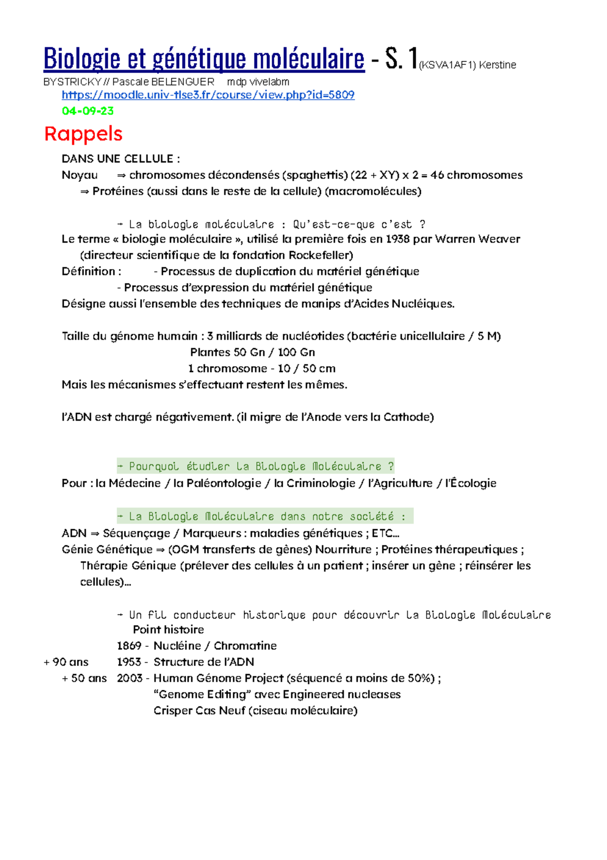 Biologie et génétique moléculaire S1 - 1(KSVA1AF1) Kerstine BYSTRICKY ...