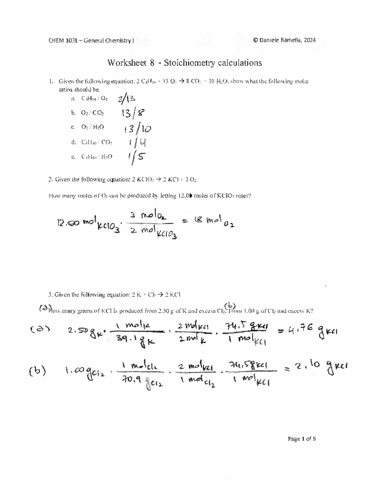 Worksheet 8 - stoichiometry answer key - CHEM 1031 - General Chemistry ...
