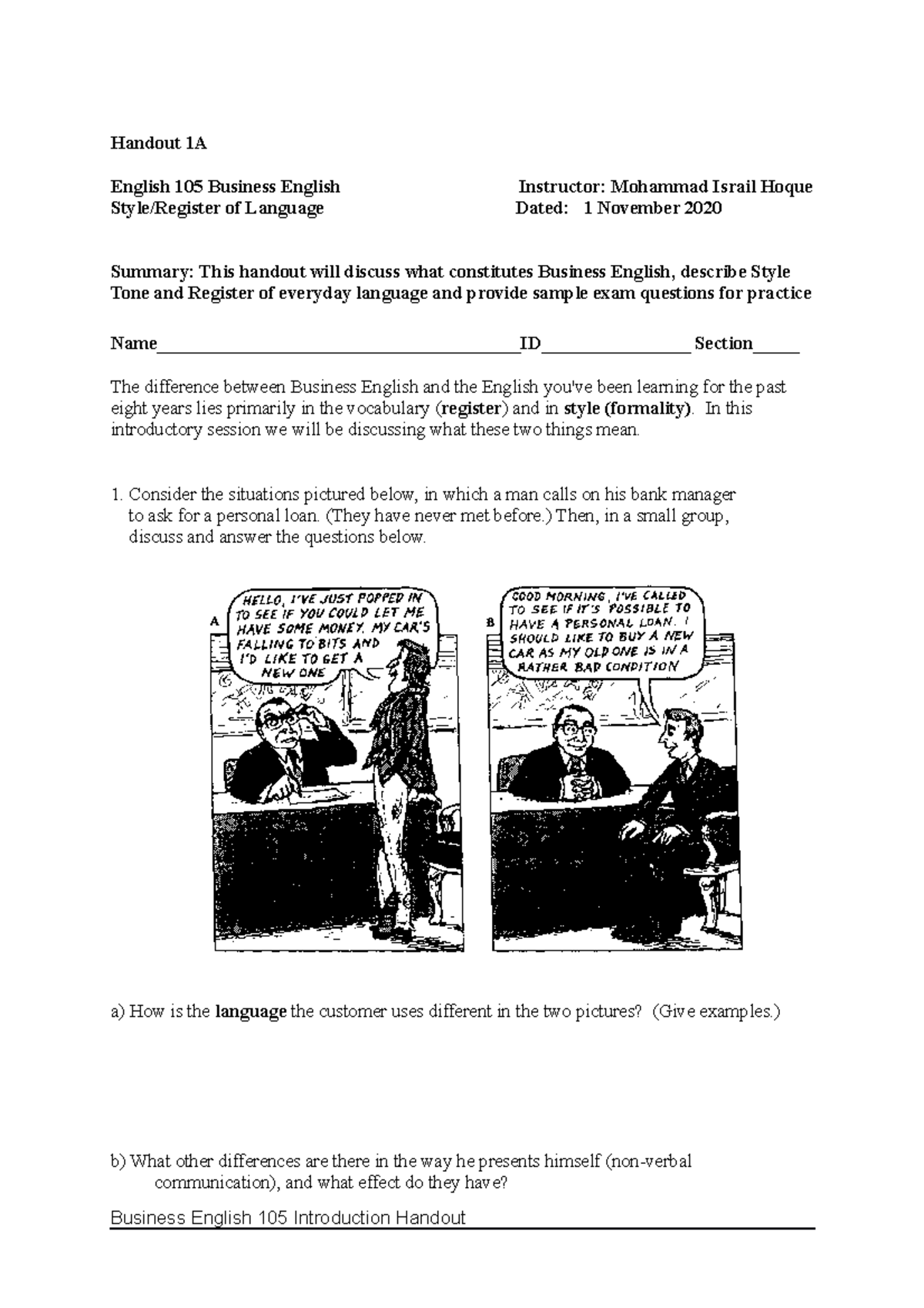Eng 105 Handout 1+ HW (Style, Tone, Register, Formal Language ...
