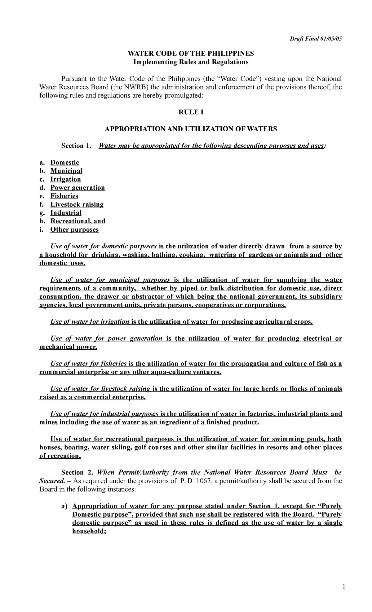 IRR of PD 1067 Final Draft as of 05 January 2005 - WATER CODE OF THE ...