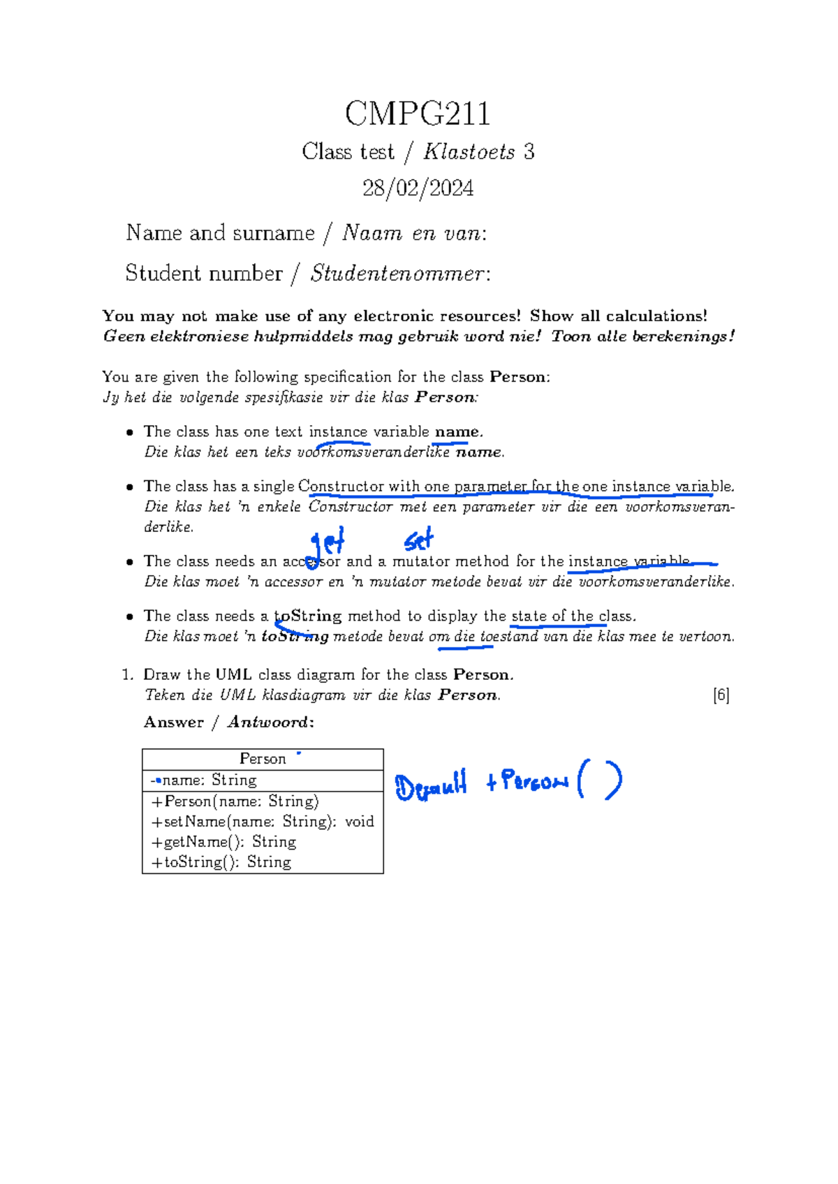 CMPG211 20240228 CT3 memo - CMPG Class test / Klastoets 3 28/02/ Name ...