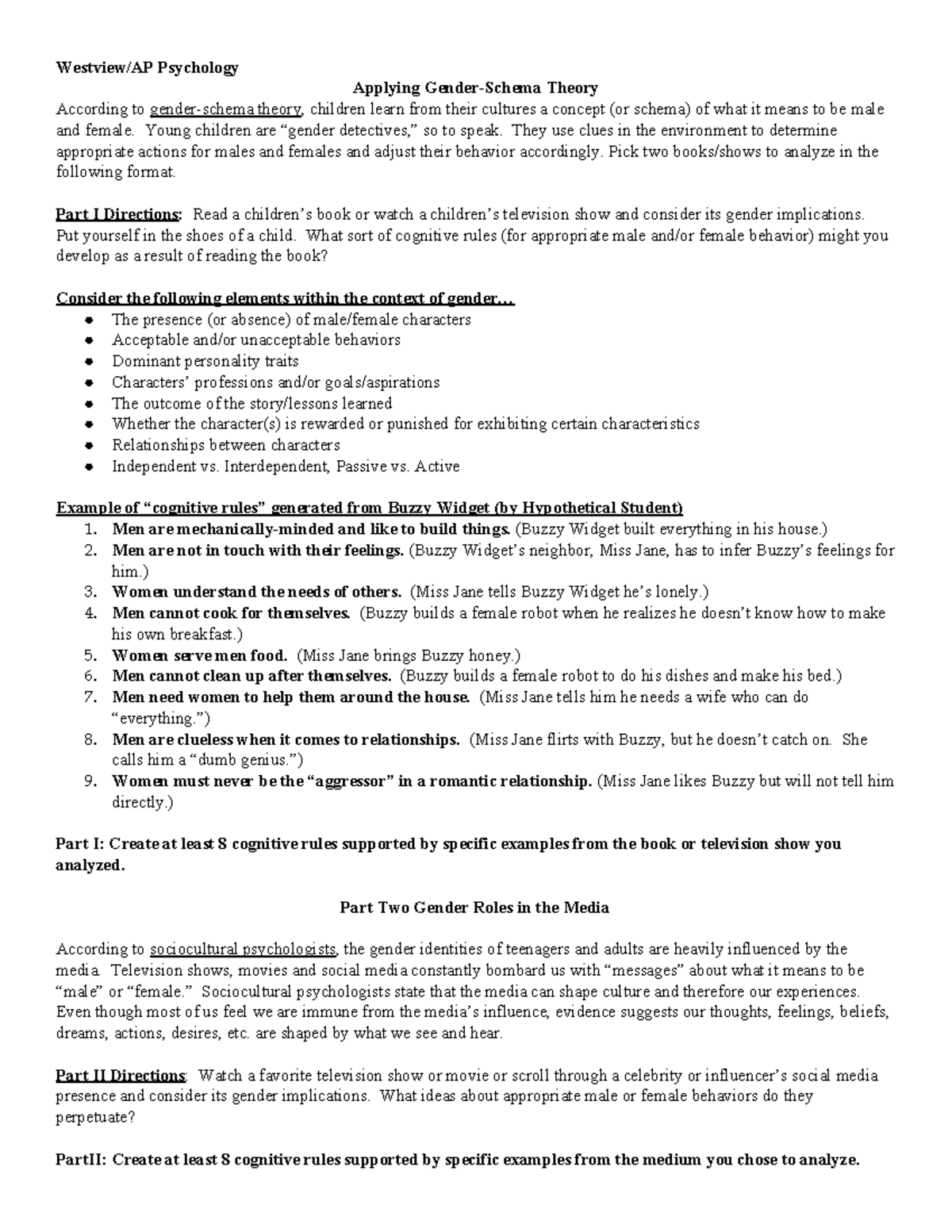 2019 Gender Schema Activity - Westview/AP Psychology Applying Gender ...