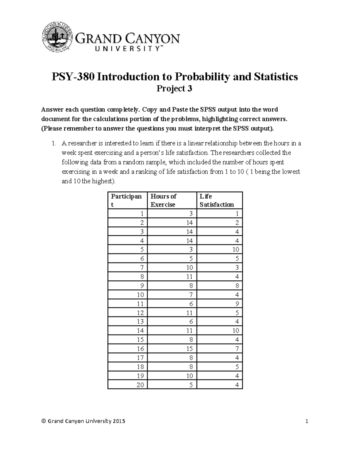 380 Excel project - PSY-380 Introduction to Probability and Statistics ...