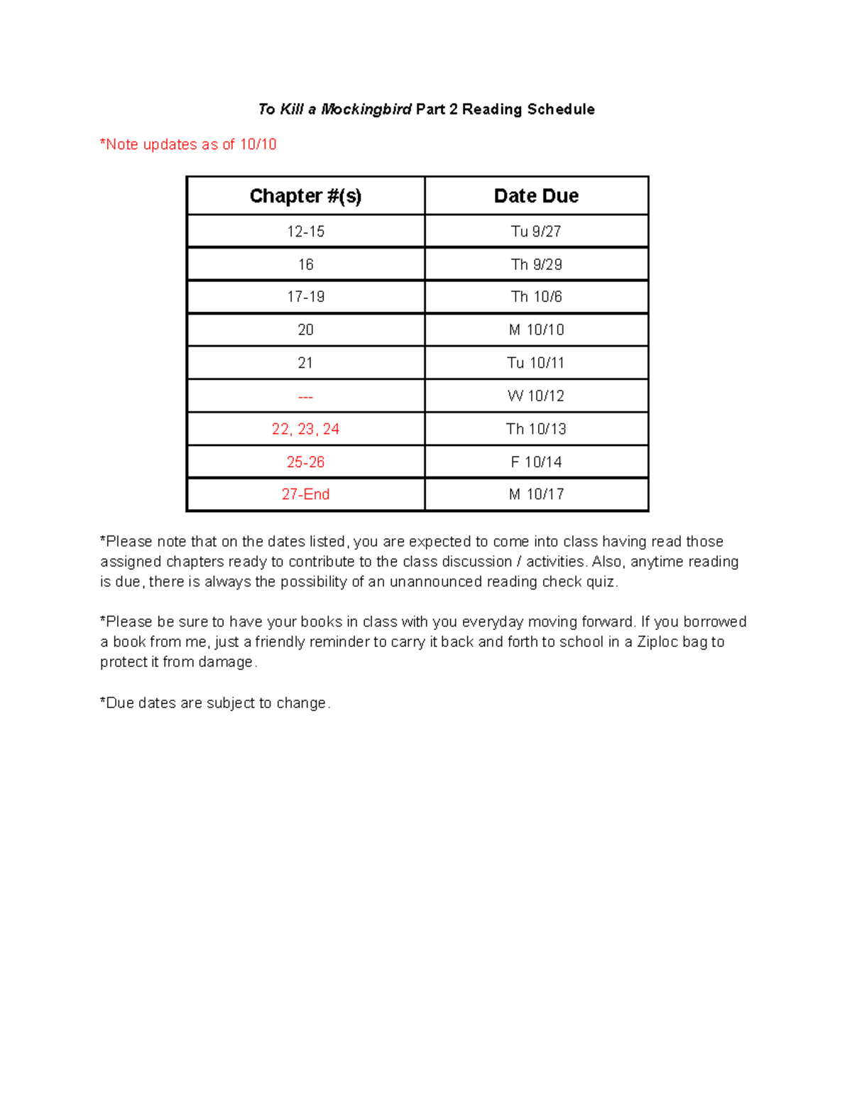 TKAM Part Two Reading Schedule - To Kill a Mockingbird Part 2 Reading ...