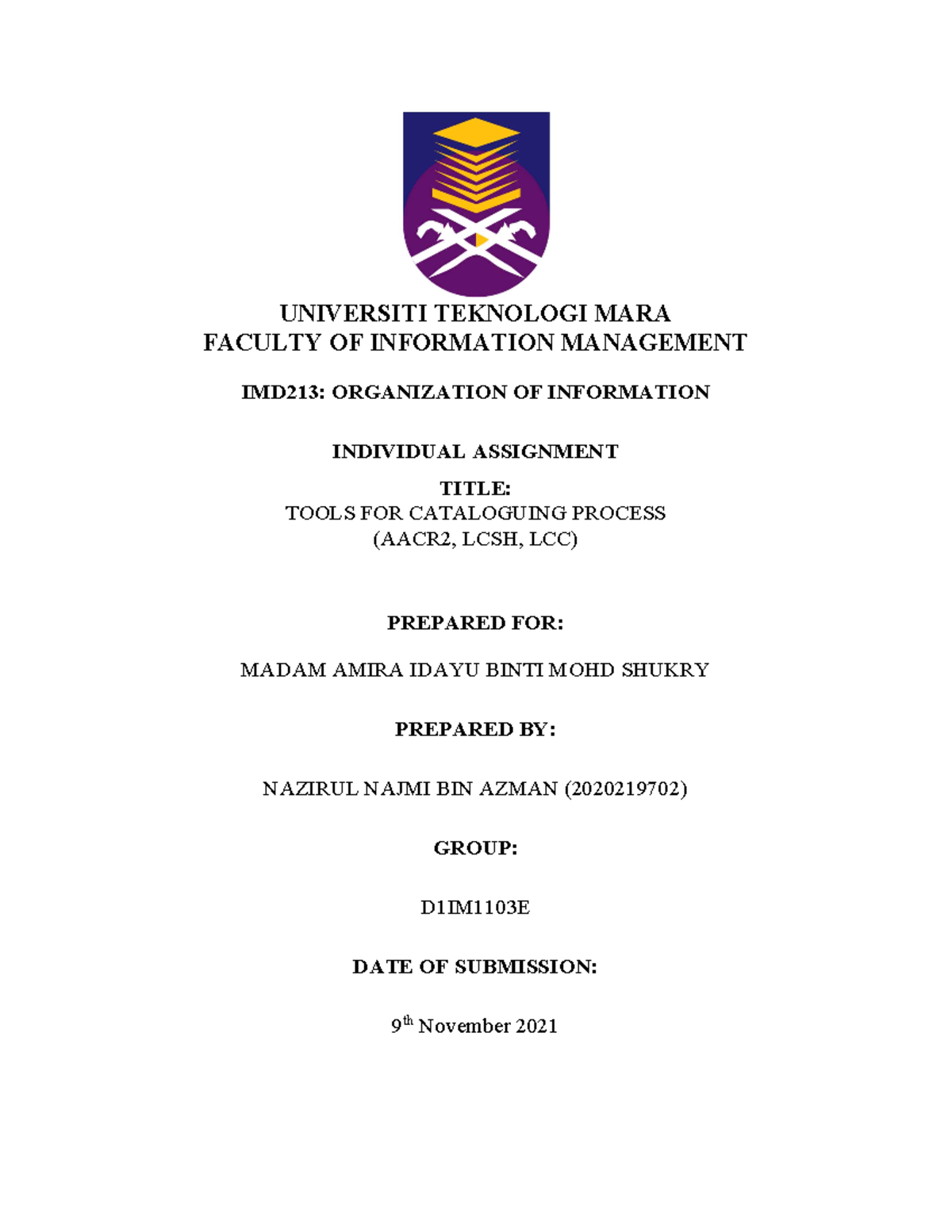 INDIVIDUAL ASSIGNMENT - UNIVERSITI TEKNOLOGI MARA FACULTY OF ...