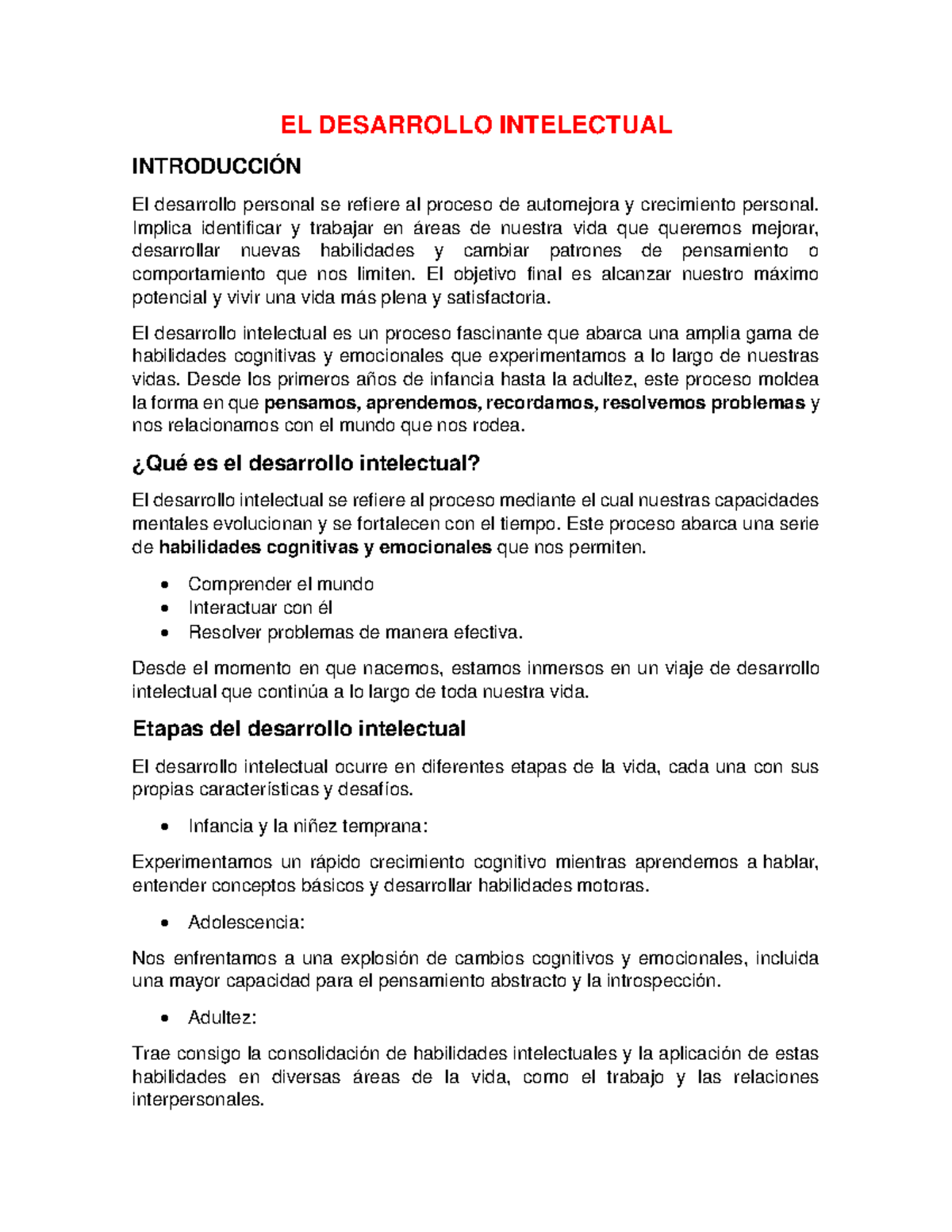 EL Desarrollo Intelectual - EL DESARROLLO INTELECTUAL INTRODUCCIÓN El ...