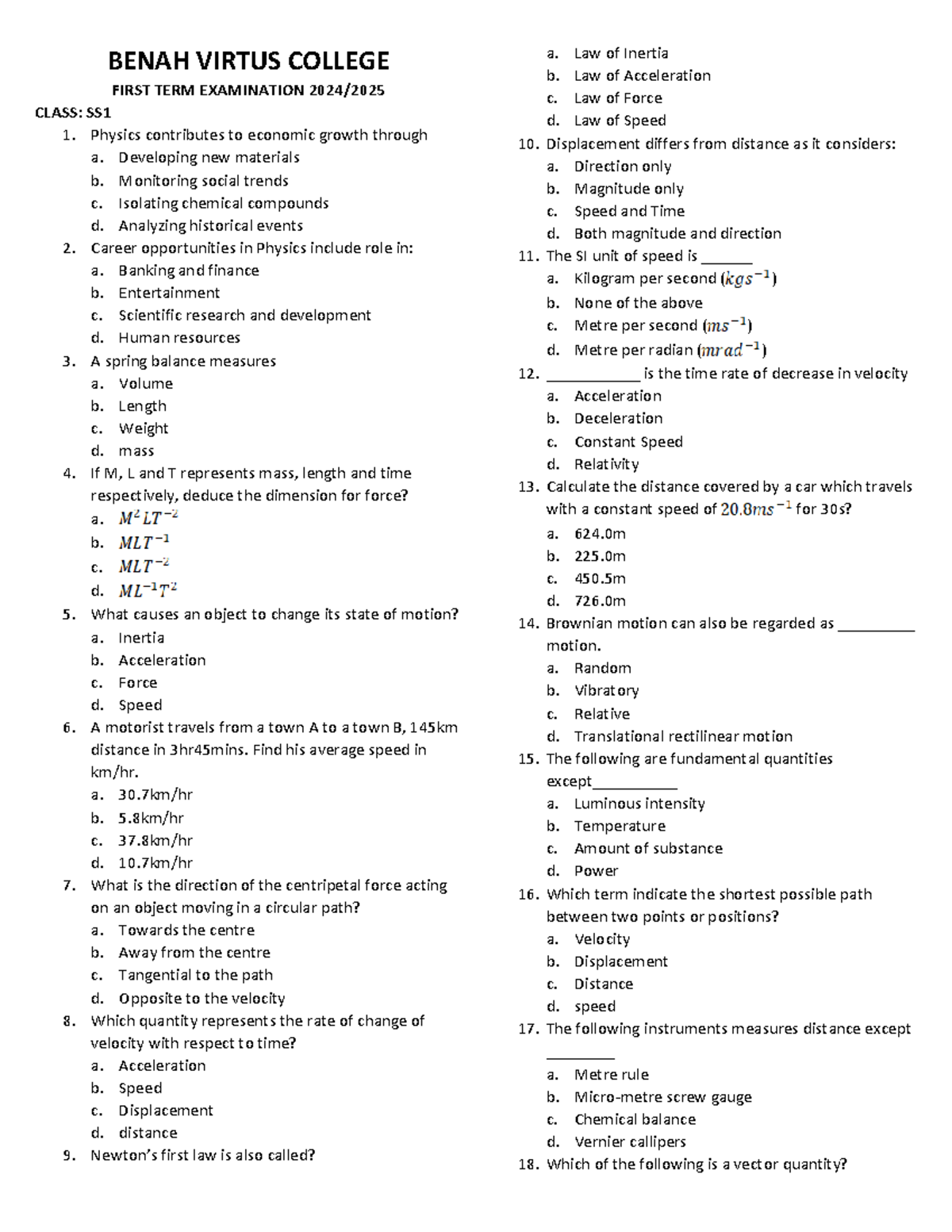 Physics SS1 - jhj - BENAH VIRTUS COLLEGE FIRST TERM EXAMINATION 2024 ...