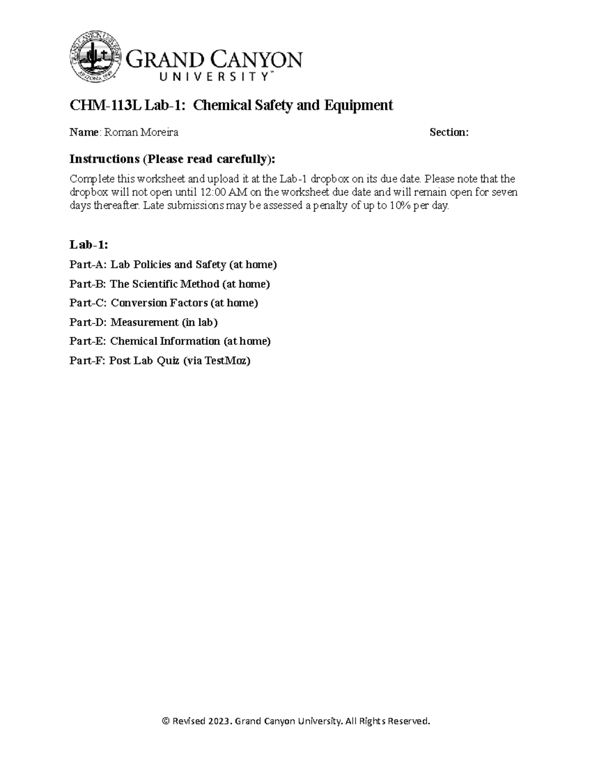 CHM113L L1 Chemical Safety Worksheet FA23 - CHM-113L Lab-1: Chemical ...