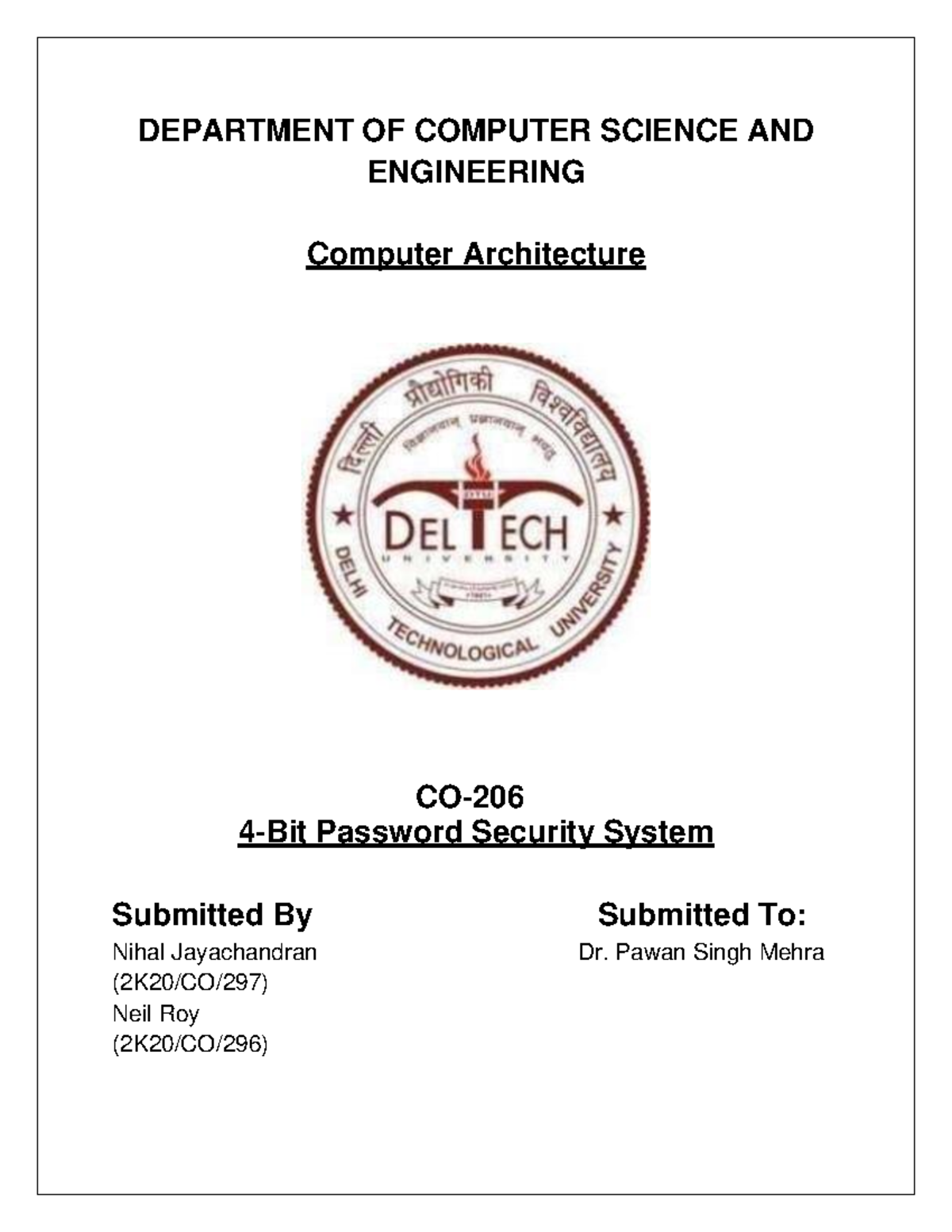 COA Project - DEPARTMENT OF COMPUTER SCIENCE AND ENGINEERING Computer Architecture CO- 4-Bit ...