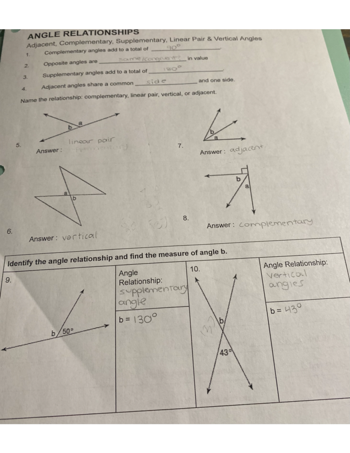 angel relationships - ANGLE RELATIONSHIPS Adjacent, Complementary ...