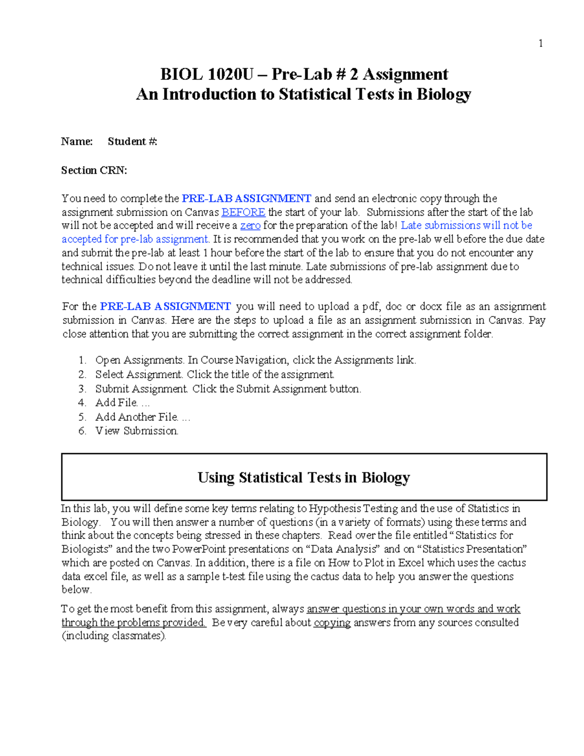 Lab 2 Pre-lab Assignment W2024-1 - BIOL 1020U – Pre-Lab # 2 Assignment An Introduction to - Studocu