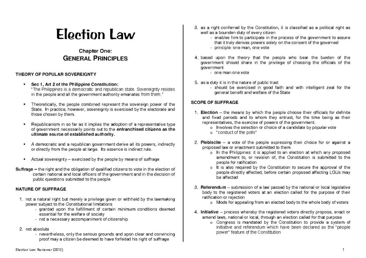 election law de leon - Election Law Chapter One: GENERAL PRINCIPLES ...