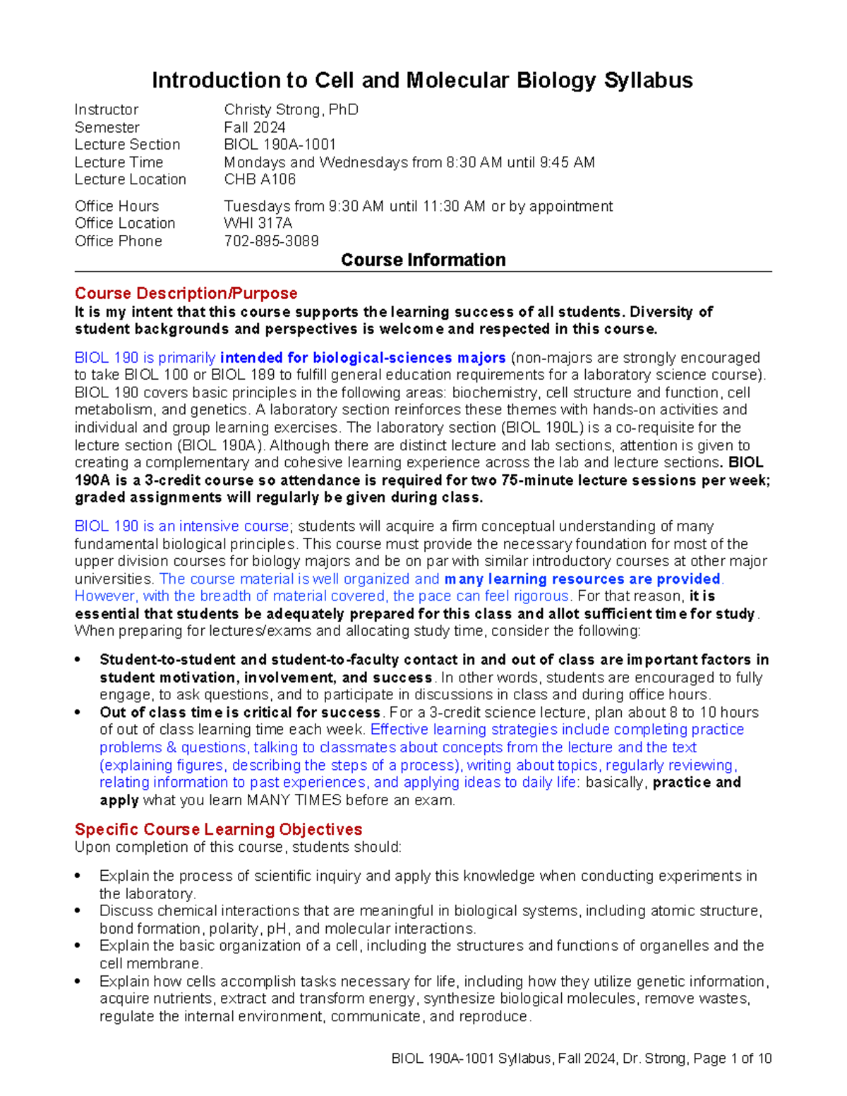 BIOL 190 1001 FA 24 - course information - Introduction to Cell and ...