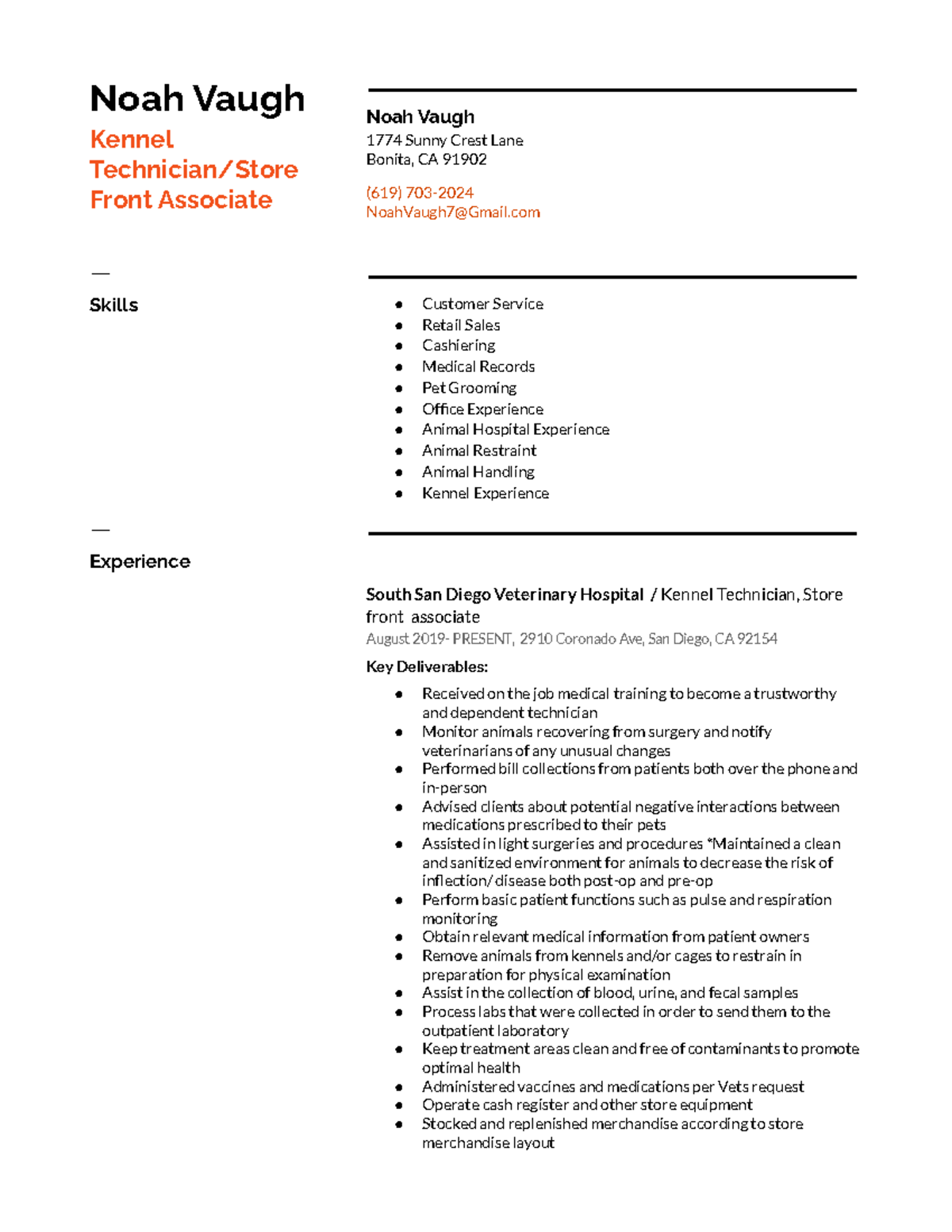 Copy of Resume Noah Vaugh - Noah Vaugh Kennel Technician/Store Front ...