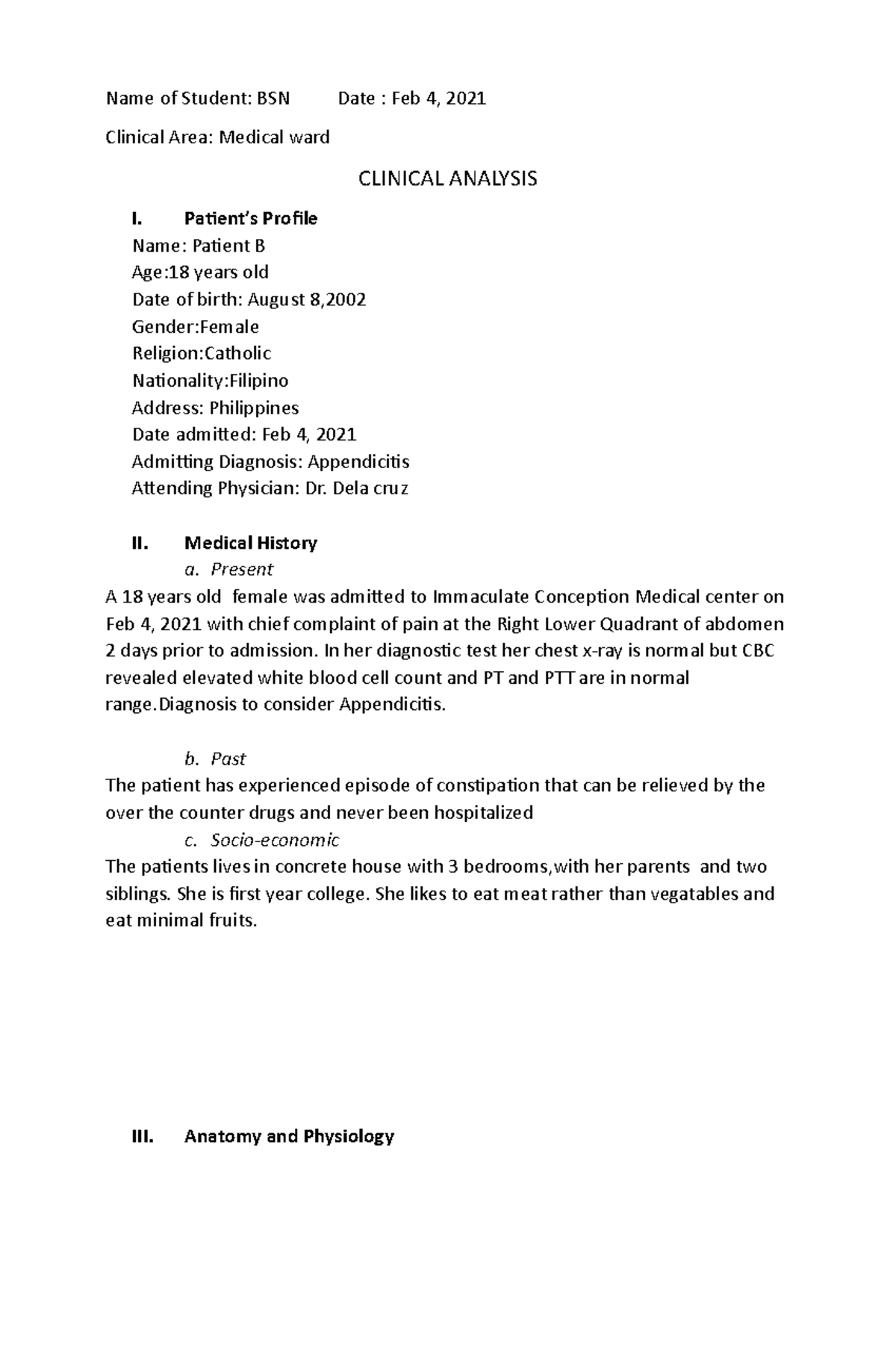 Case Analysis Appendicitis - Name of Student: BSN Date : Feb 4, 2021 ...