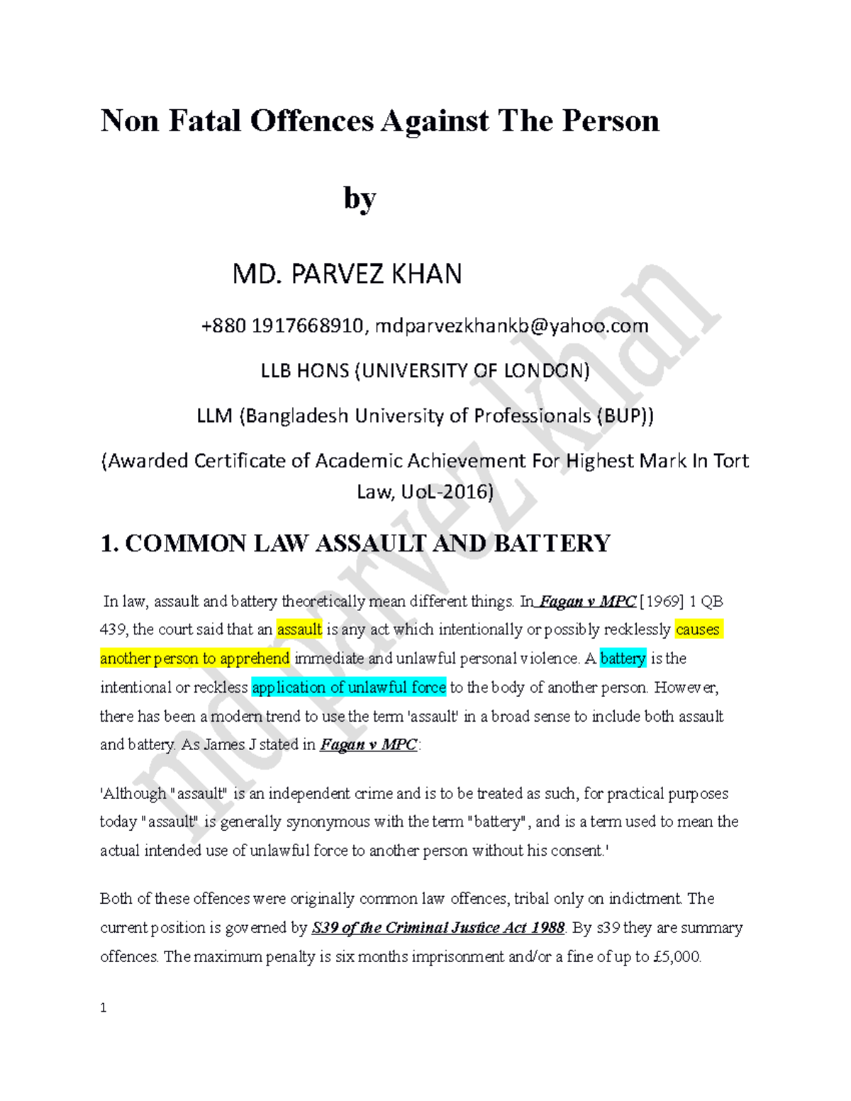 Non fatal offences - coursework - Non Fatal Offences Against The Person ...