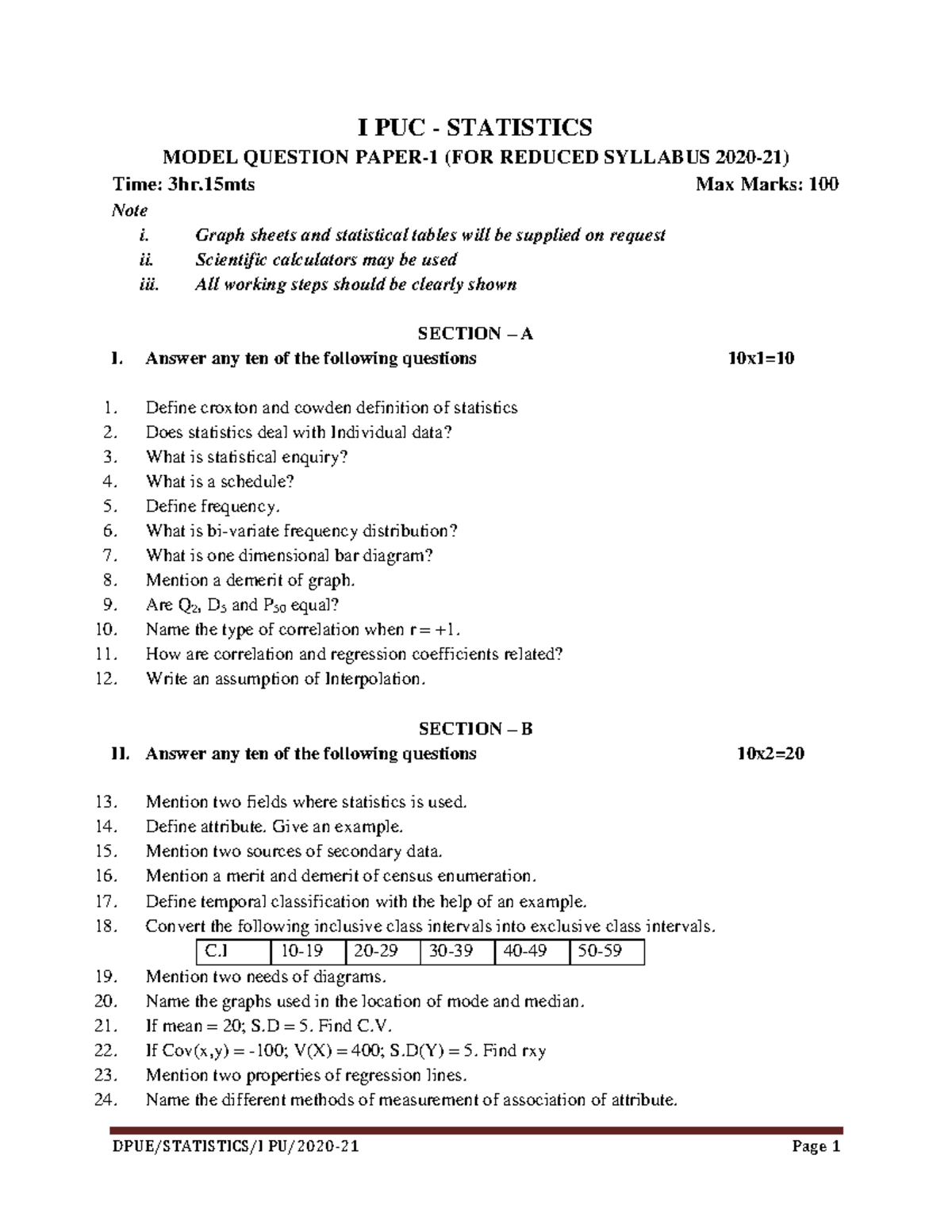 Statistics - notes - I PUC - STATISTICS MODEL QUESTION PAPER-1 (FOR ...