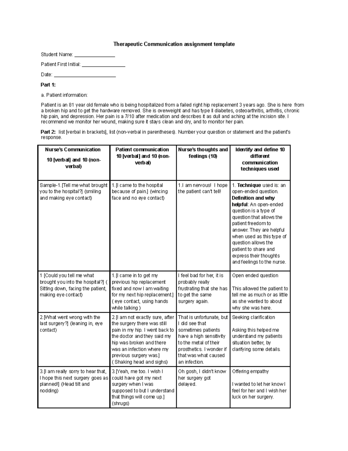 Therapeutic Communication FLA - Therapeutic Communication assignment ...