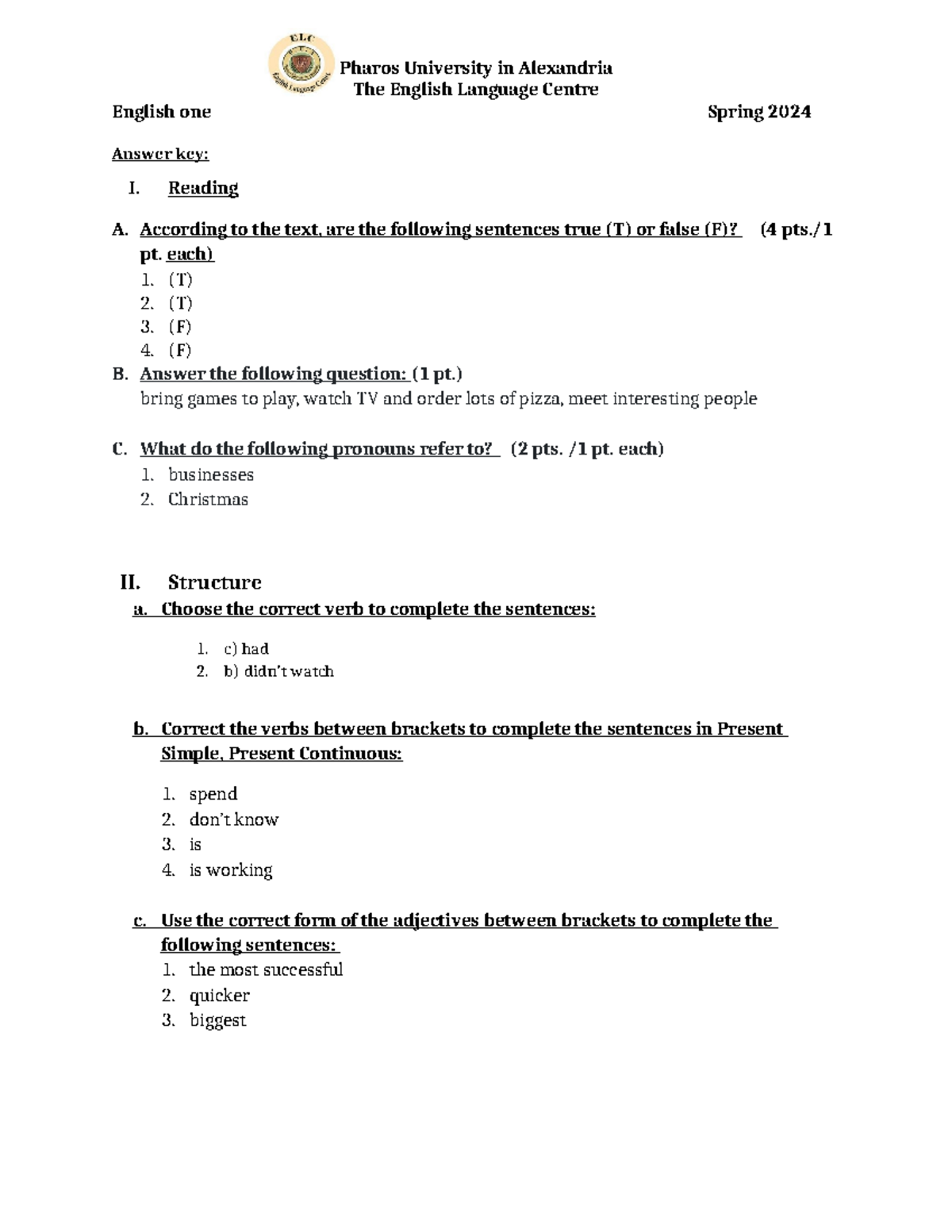 Answer key (Mock exam)Spring 2024 - Pharos University in Alexandria The ...