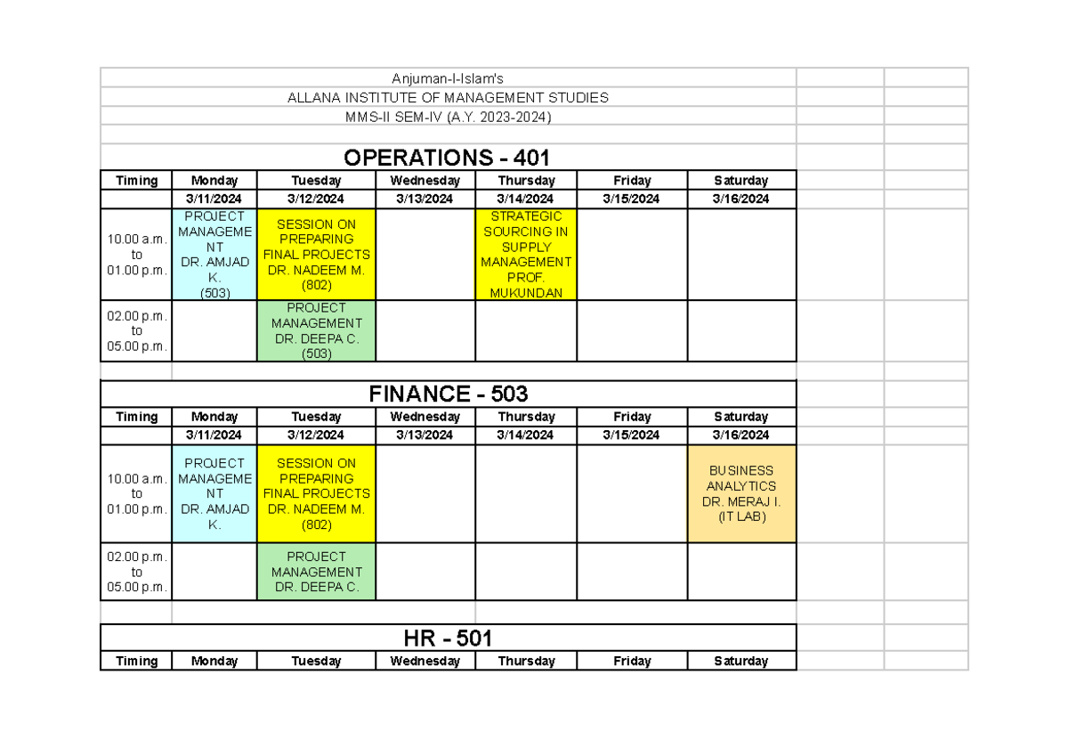 11 March TO 16 March 2024 Timetable SEM 4 AY 2023-2024 - Anjuman-I ...